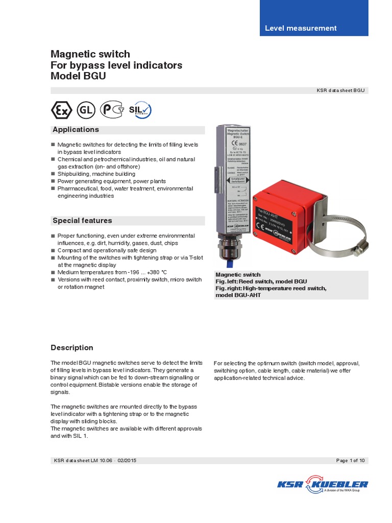 Magnetic Switch For Bypass Level Indicators Model BGU: Applications ...