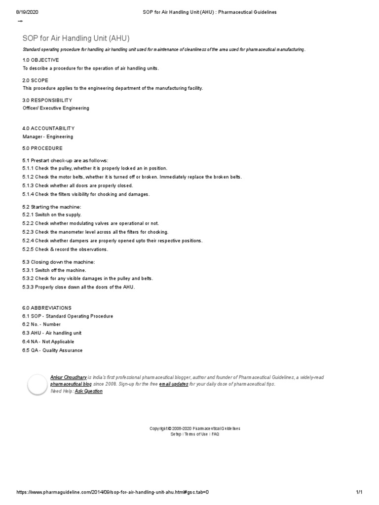 SOP For Air Handling Unit (AHU) - Pharmaceutical Guidelines | PDF