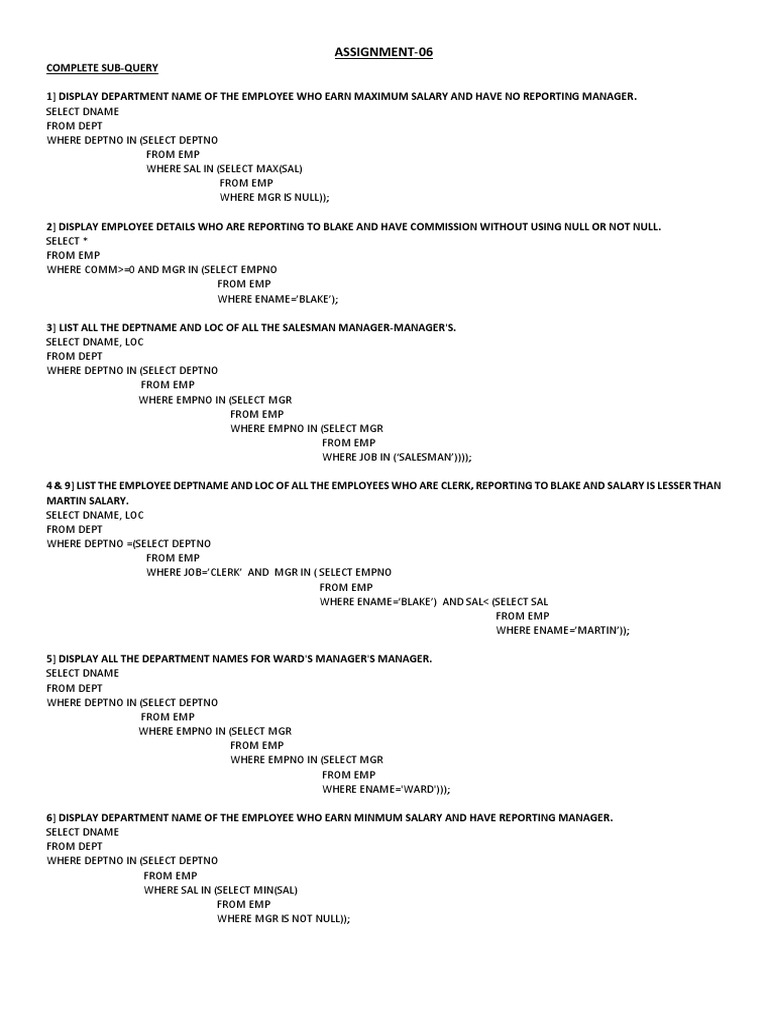 Assignment 6 Complete Subquery Pdf Pdf Employee Relations Salary 