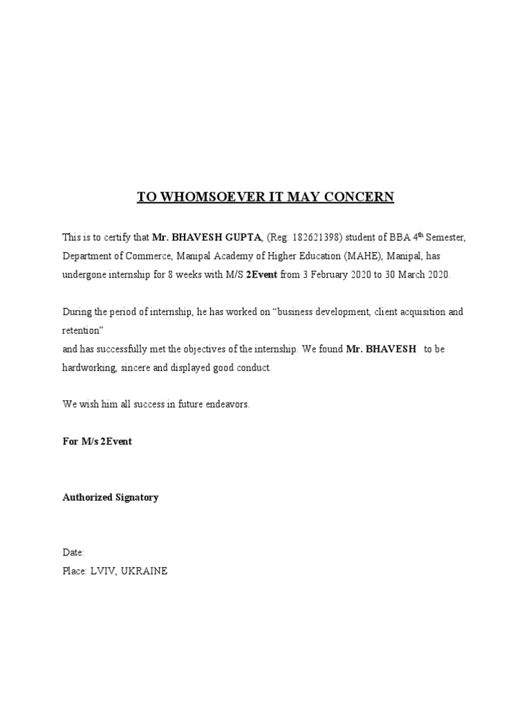 Internship Certificate - Format | PDF