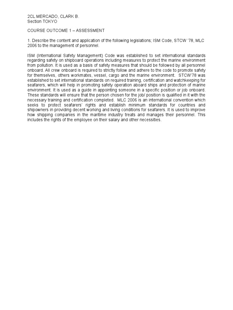 ISM Code, STCW Code and MLC in Regards To Maritime Management | PDF