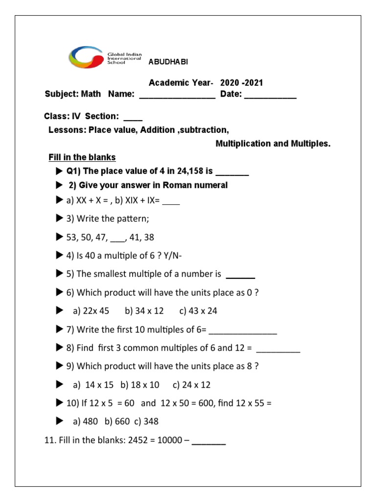 Grade 4 Maths Revision Worksheet | PDF
