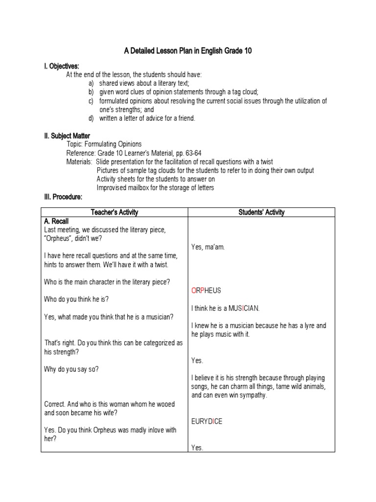 A Detailed Lesson Plan in English Grade 10 | PDF | Orpheus | Lesson Plan