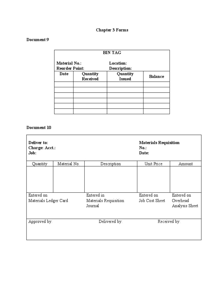 Chapter 3 Forms Document 9 Bin Tag Material No.: Reorder Point: Location: Description: Date ...