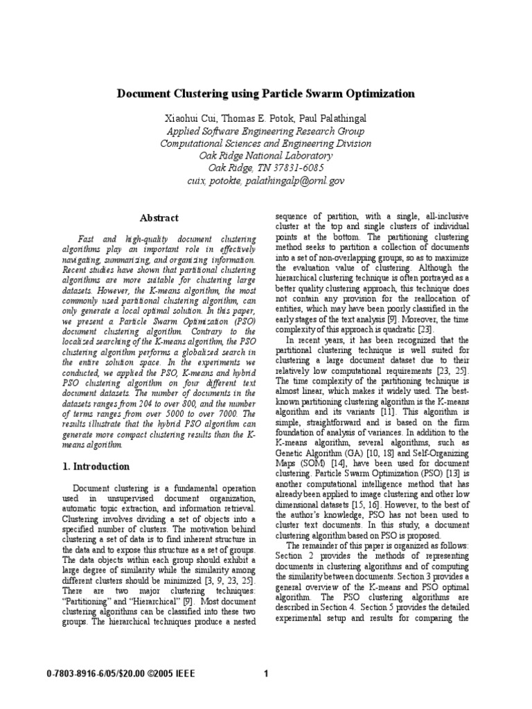 Document Clustering Using Particle Swarm Optimization | PDF | Cluster Analysis | Mathematical ...