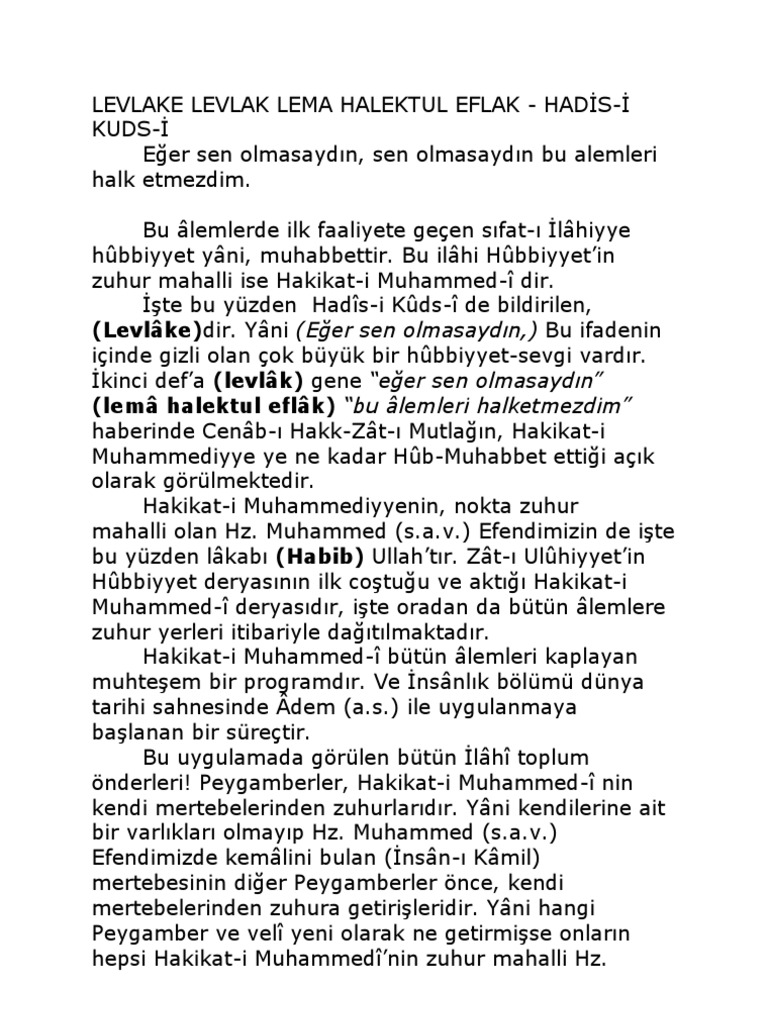 Levlake Levlak Lema Halektul Eflak - HADİS-İ KUDS-İ | PDF