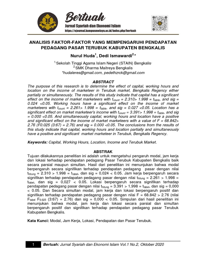 Analisis Faktor-Faktor Yang Mempengaruhi Pendapatan Pedagang Pasar Terubuk Kabupaten Bengkalis | PDF