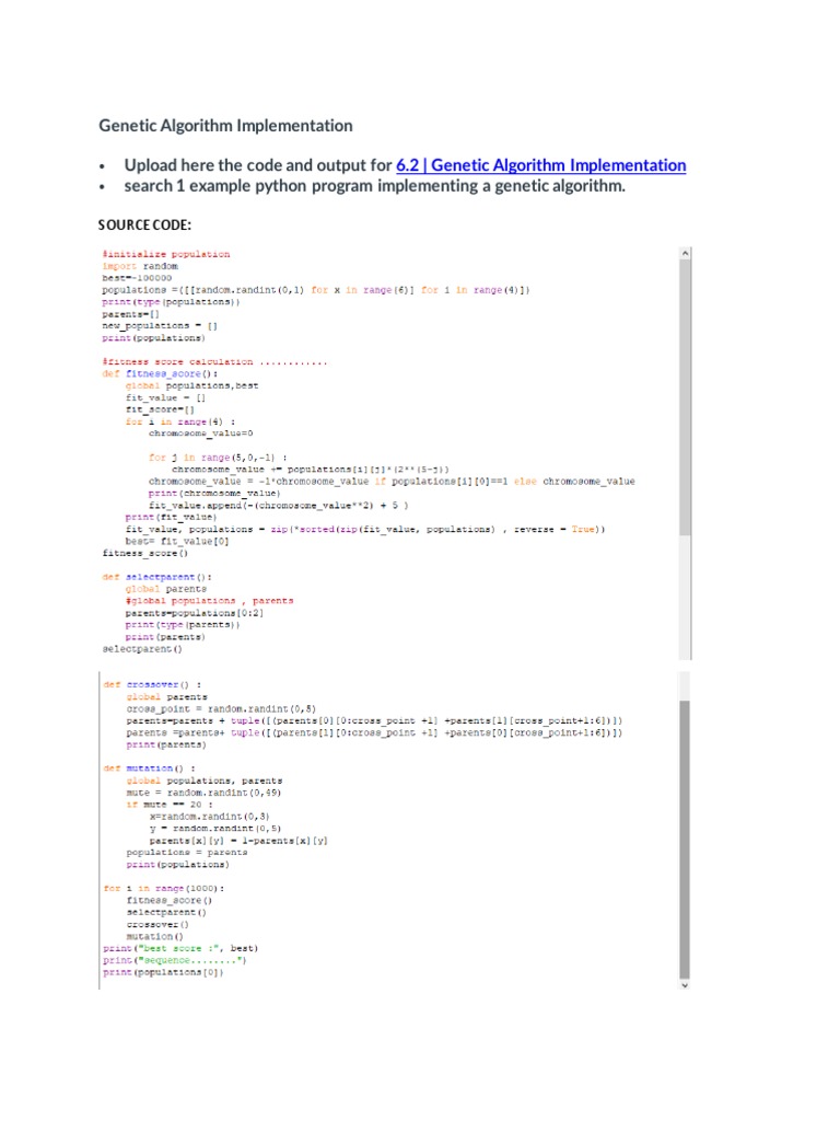 Genetic Algorithm Implementation Upload Here The Code and Output For Search 1 Example Python ...