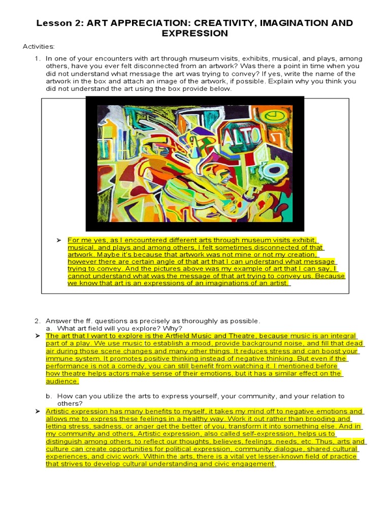 Lesson 2: Art Appreciation: Creativity, Imagination and Expression ...