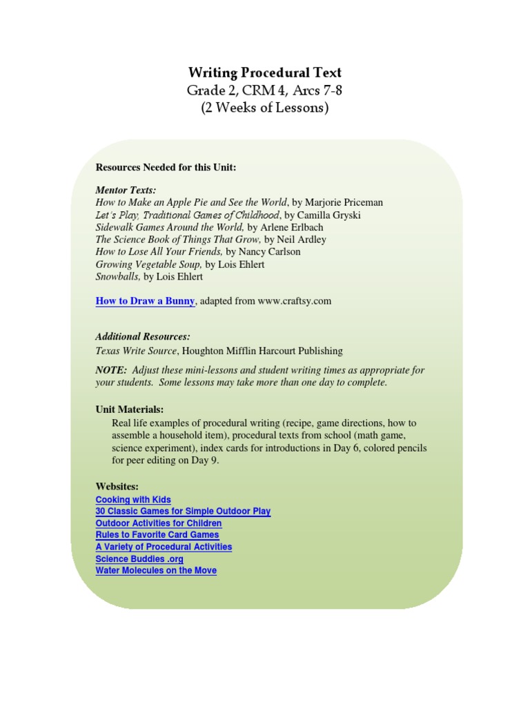 Grade 2, CRM 4, Arcs 7-8 (2 Weeks of Lessons) : Writing Procedural Text ...