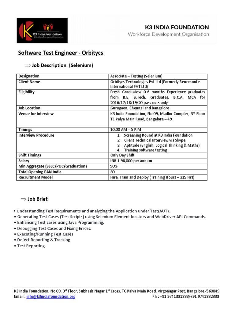 Software Test Engineer - Orbitycs: Þ Job Description: (Selenium) | PDF ...