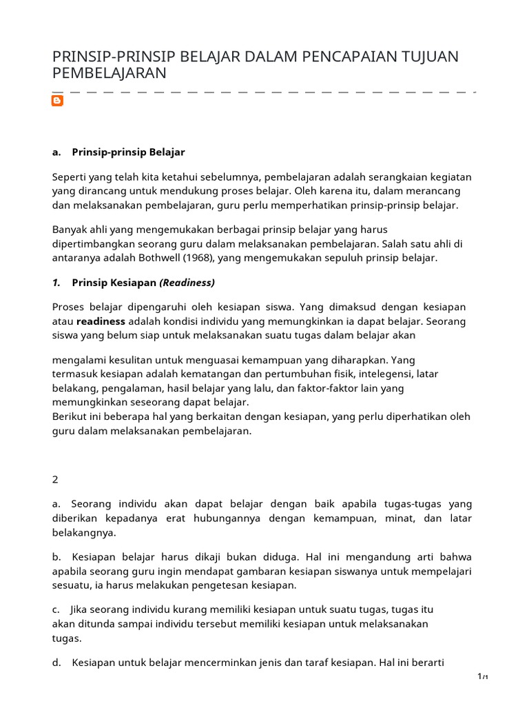 Prinsip-Prinsip Belajar Dalam Pencapaian Tujuan Pembelajaran | PDF