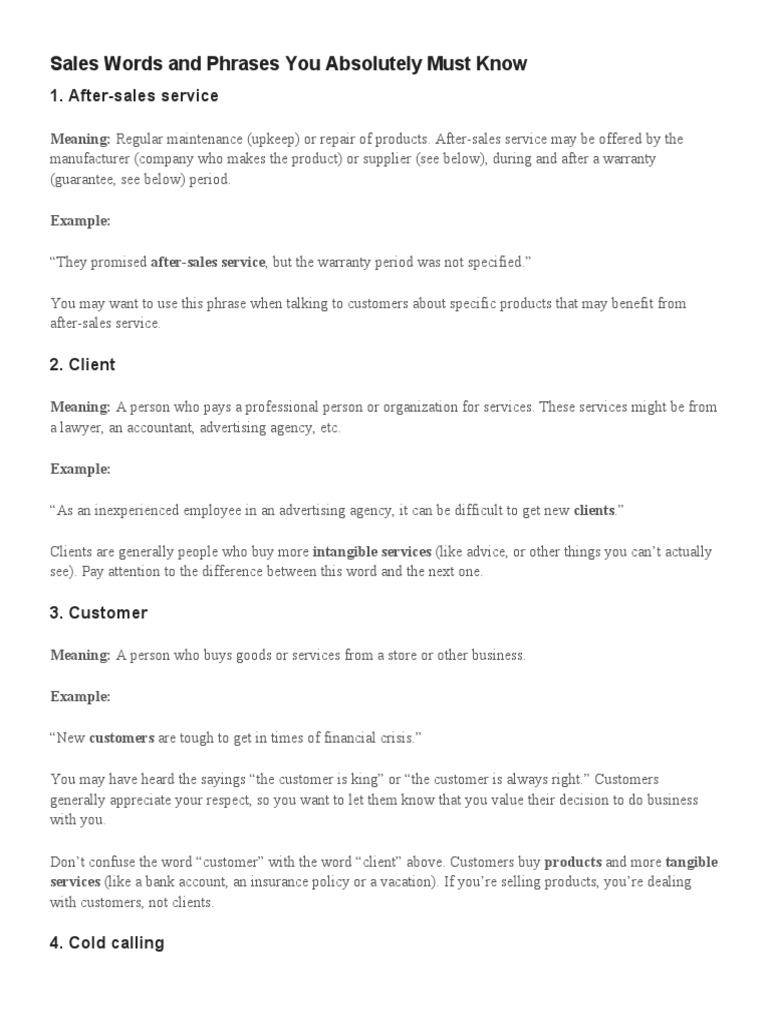 Essential Sales Words and Phrases | PDF | Sales | Retail