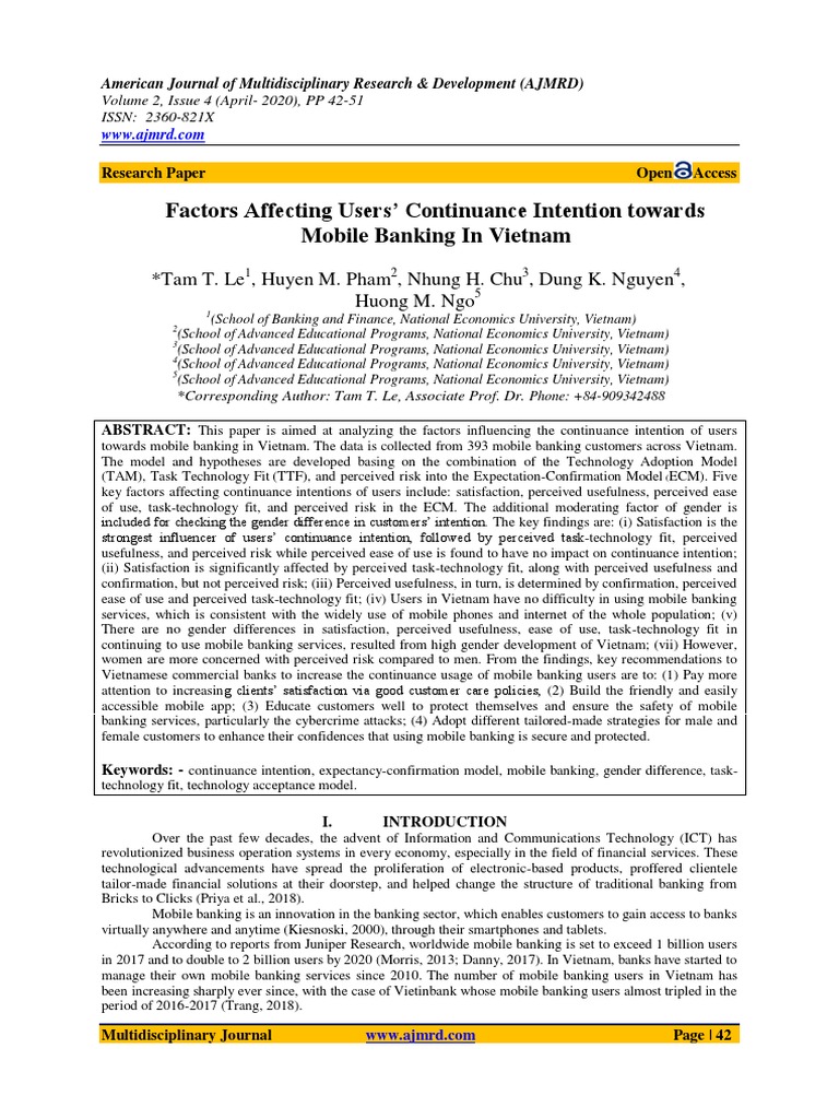 Factors Affecting Users' Continuance Intention Towards Mobile Banking in Vietnam | PDF | Survey ...
