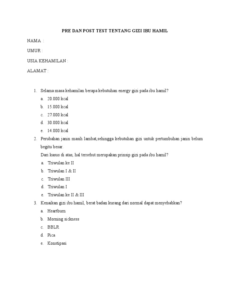 Kuesioner Gizi Ibu Hamil: Pre & Post Test | PDF