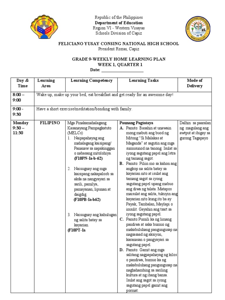 GRADE 9 Weekly Home Learning Plan RENATO BAJADOR | PDF