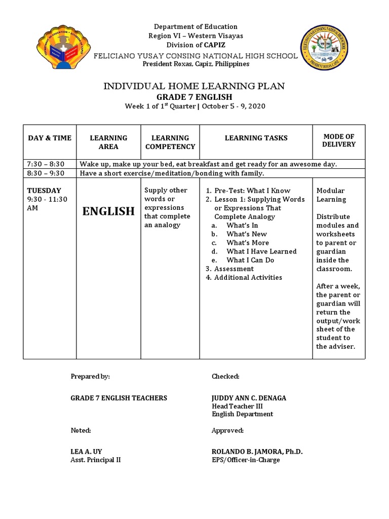 English: Individual Home Learning Plan | PDF | Pedagogy | Cognition