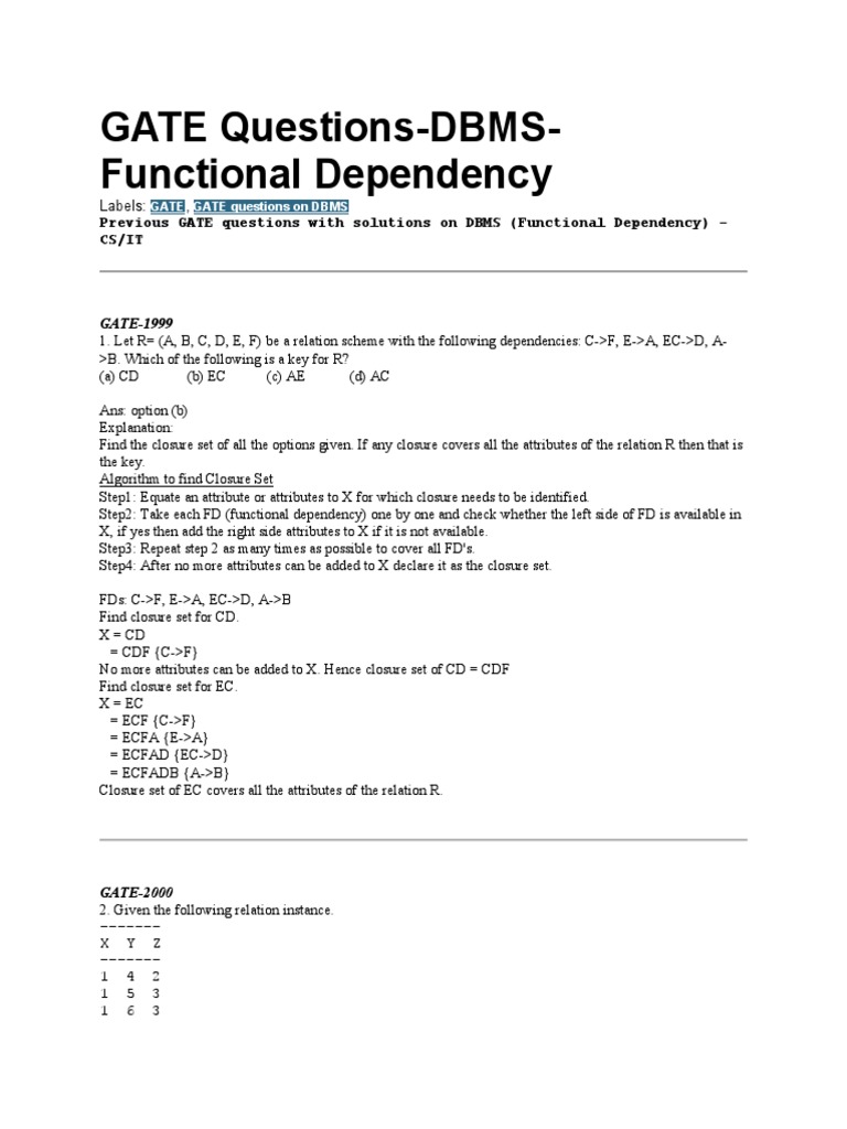 GATE Questions-DBMS-Functional Dependency | Download Free PDF | Data | Information Technology ...