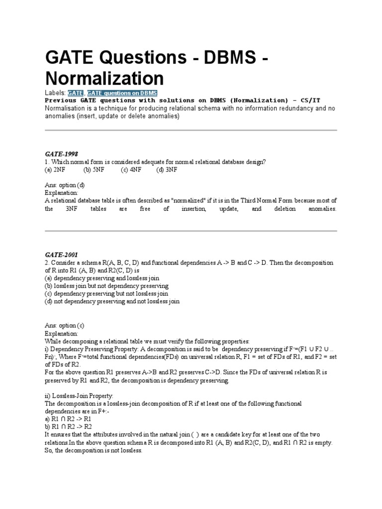 Previous GATE Questions With Solutions On DBMS (Normalization) - CS/IT ... Previous GATE Questions With Solutions On DBMS (Normalization) - CS/IT ...