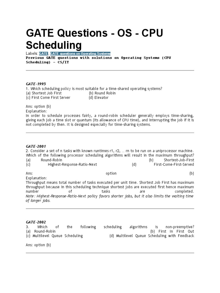 GATE Questions - OS - CPU Scheduling | PDF | Scheduling (Computing) | Computer Architecture