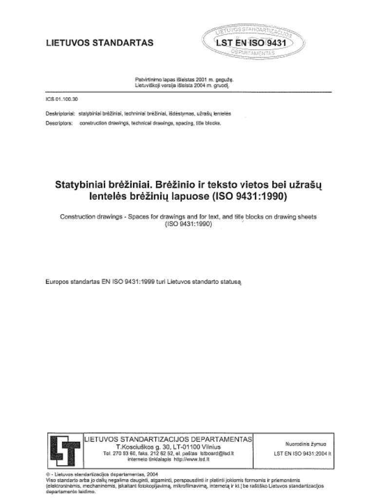 LST EN ISO 9431-2001 - Statybiniai Brėžiniai. Brėžinio Ir Teksto Vietos Bei Užrašų Lentelės ...