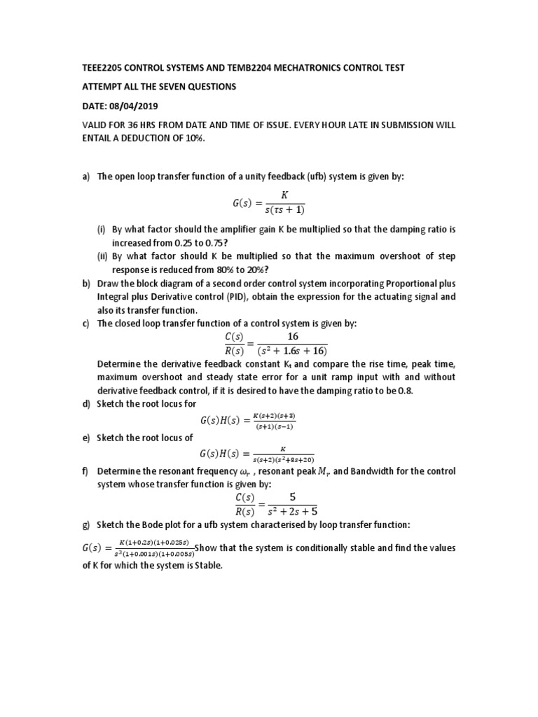 Control Systems and Mechatronics Control Test: Questions on Open Loop ...