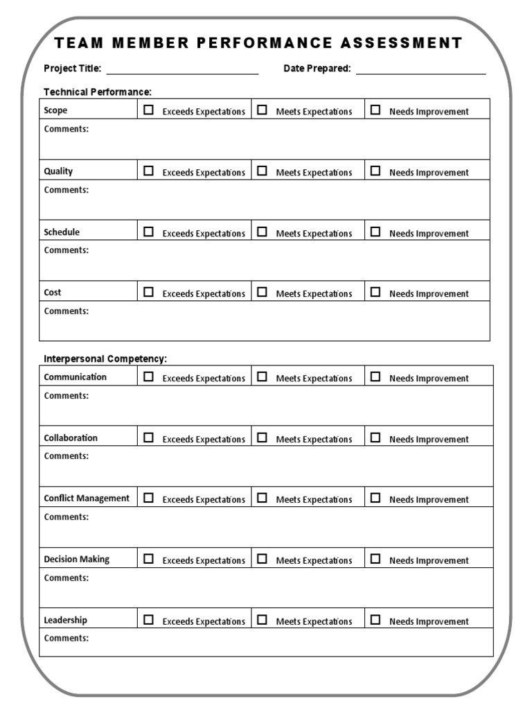 Team Member Performance Assessment: Project Title: Date Prepared ...