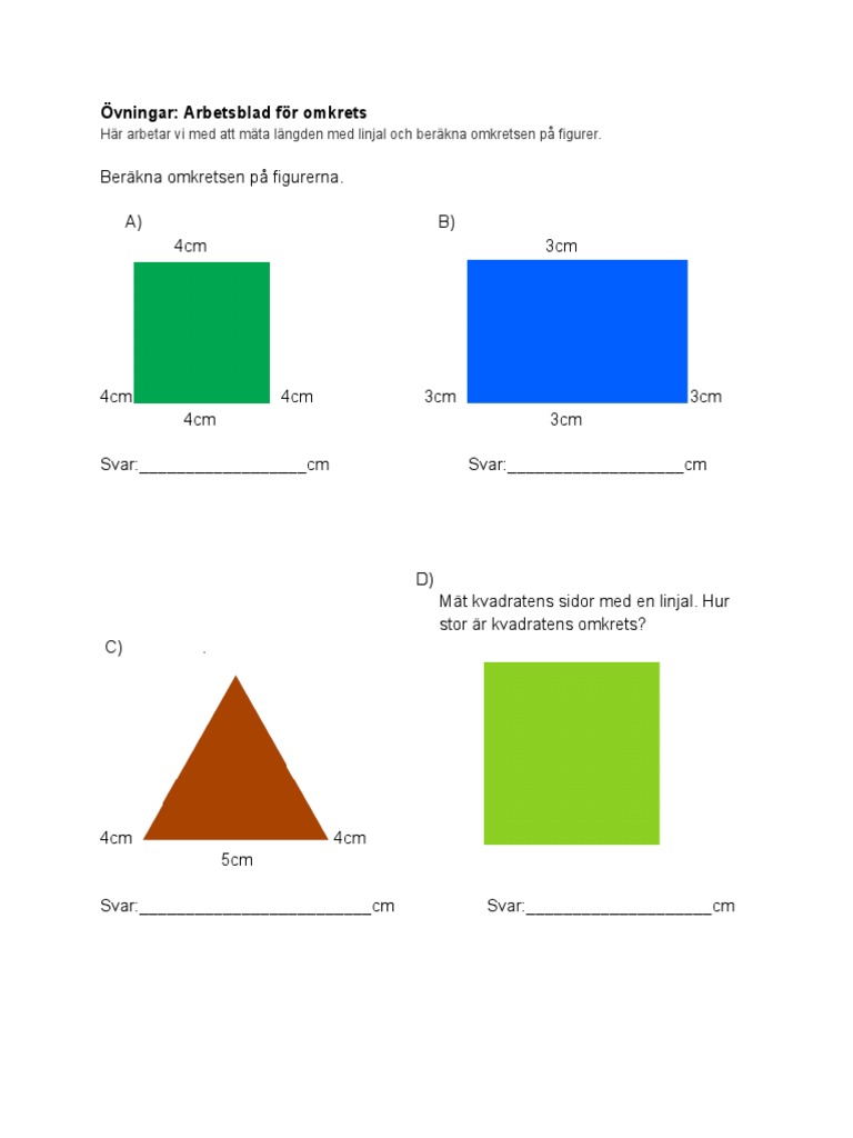 Övningar: Arbetsblad För Omkrets: Här Arbetar VI Med Att Mäta Längden ...