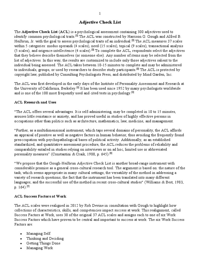Adjective Check List: ACL Research and Uses | PDF | Social Psychology ...