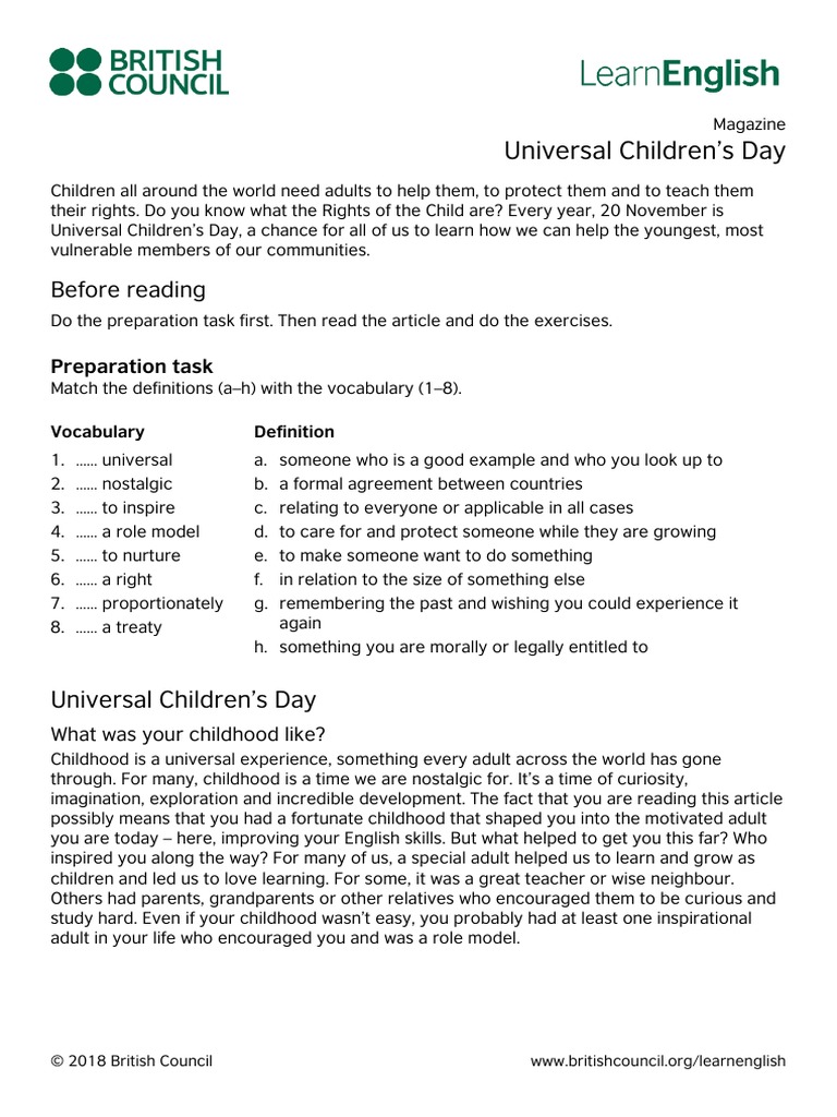 Universal Children's Day: Before Reading | PDF | Children's Rights ...