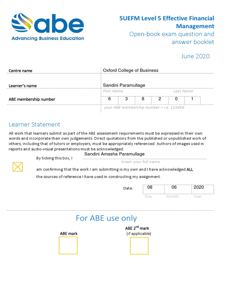 For ABE Use Only: Open-Book Exam Question and Answer Booklet | PDF ...