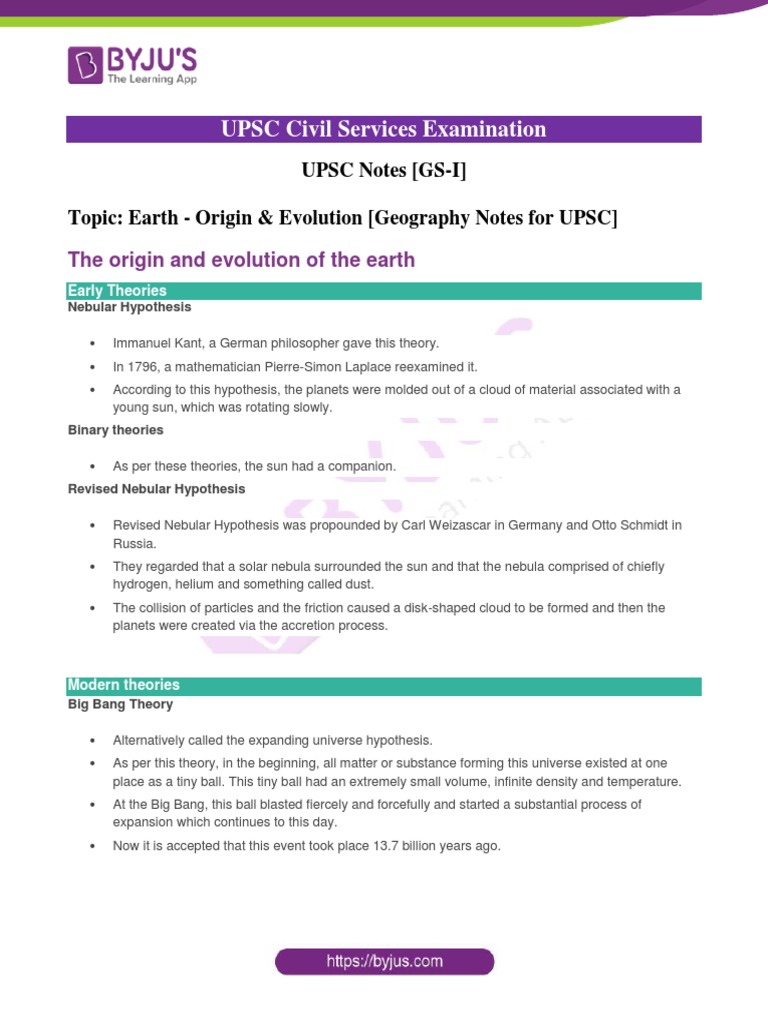 Earth Origin Evolution Geography Notes For UPSC | PDF