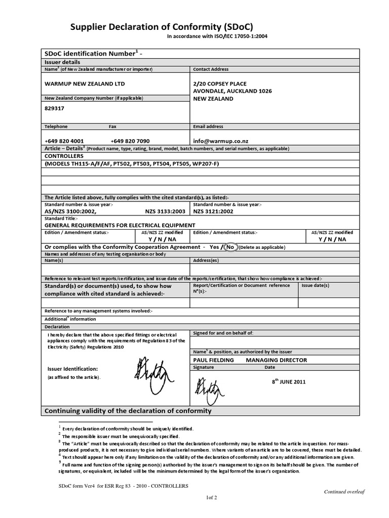 Supplier Declaration of Conformity (Sdoc) | PDF | Regulatory Compliance ...
