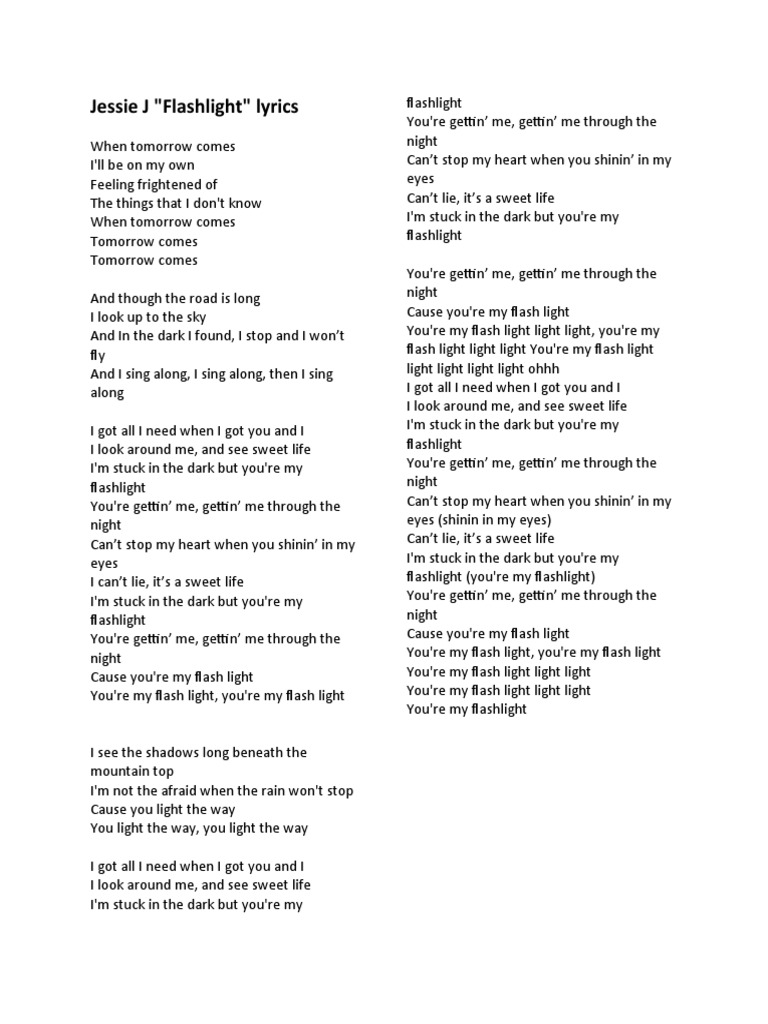 Jessie J "Flashlight" Lyrics | Download Free PDF | Flashlight | Lighting