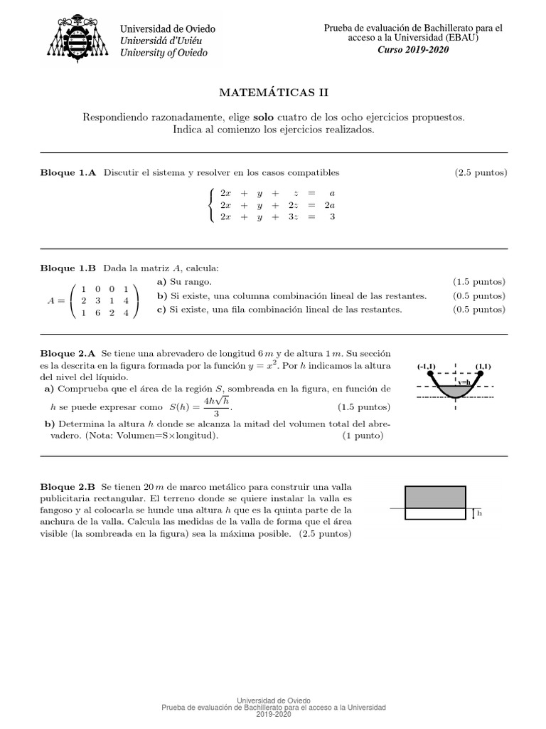 Modelo Examen EBAU 2020-Matemáticas II - Actualizado | PDF | Triángulo ...