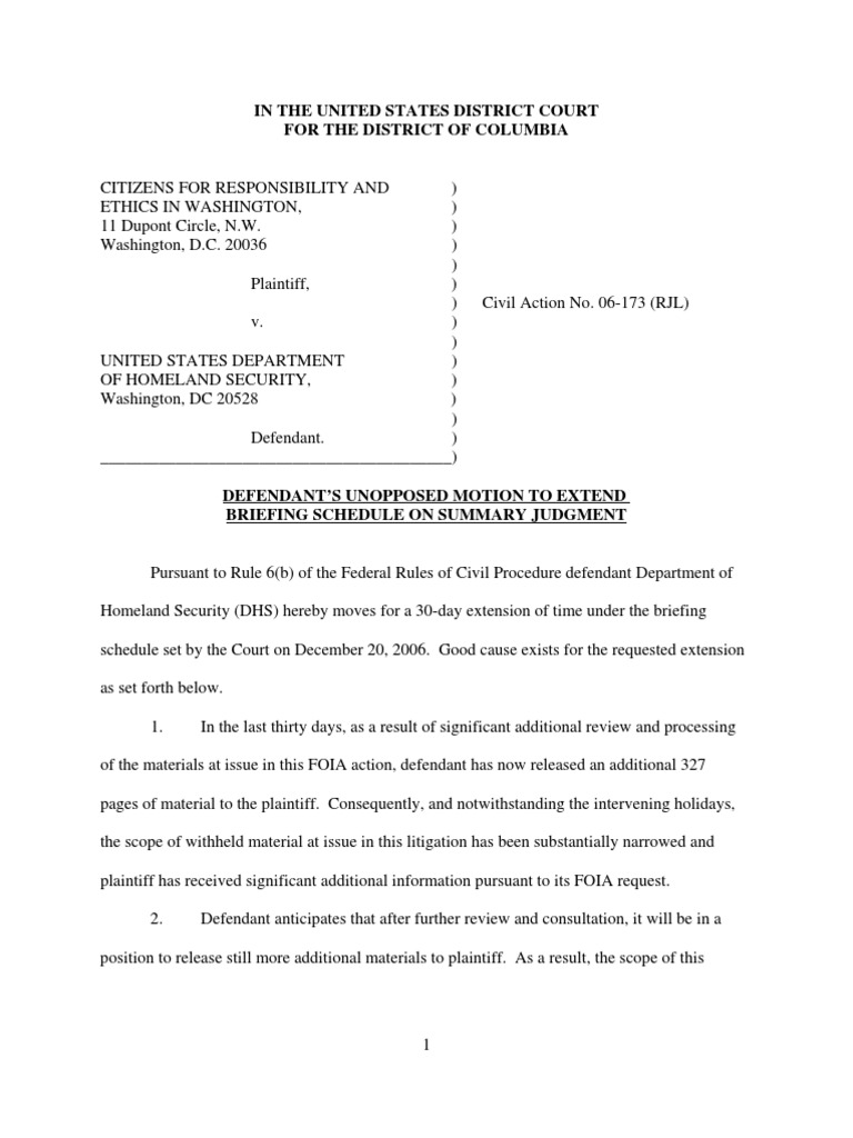 DHS Motion to Extend FOIA Briefing Schedule | PDF | Federal Emergency ...