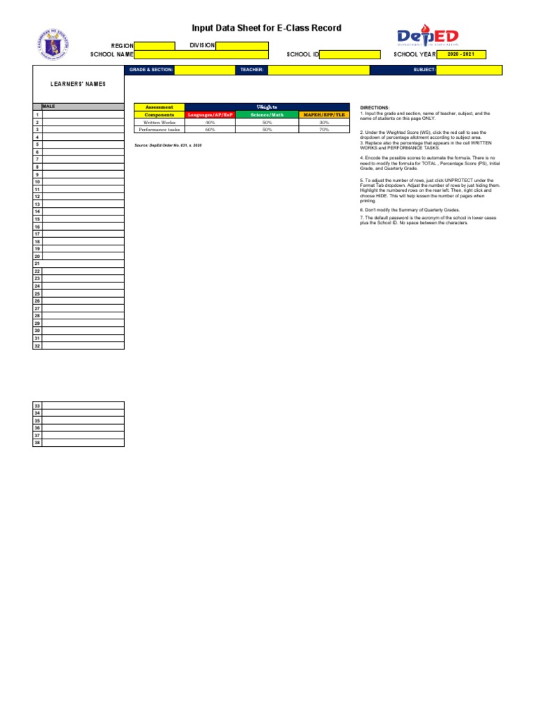 Input Data Sheet For E-Class Record: Region Division School Name School Id School Year | PDF ...