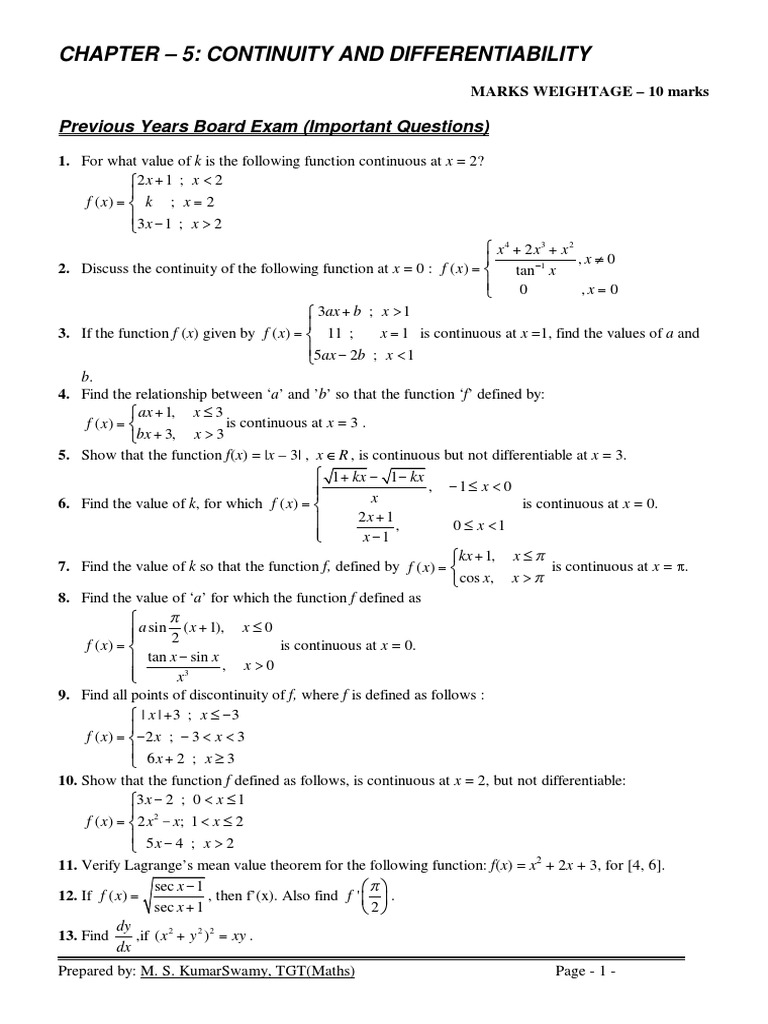 Chapter - 5: Continuity and Differentiability: Previous Years Board ...