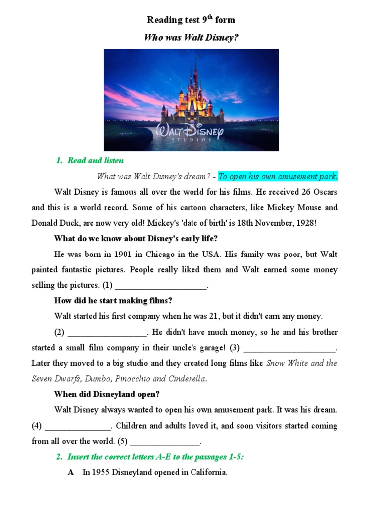 Who Was Walt Disney?: Reading Test 9 Form | PDF | Walt Disney | Disneyland