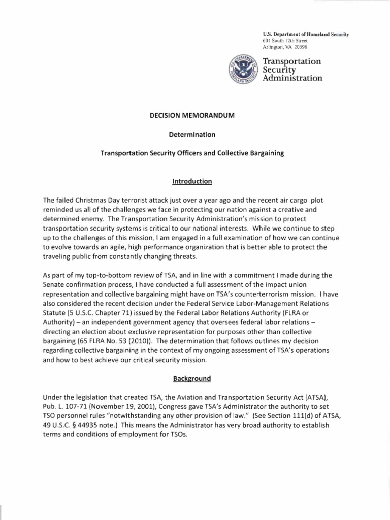 Tsa Determination Pdf Collective Bargaining Transportation