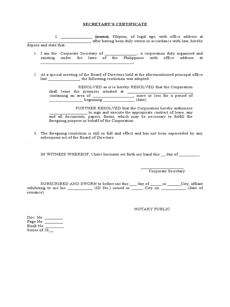 Secretarys Certificate Board Resolution - Authority To Lease | PDF