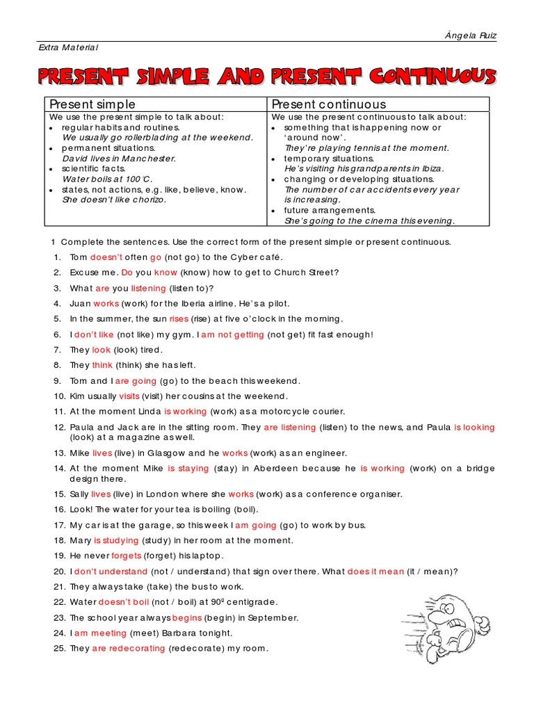 Present Simple - Present Continuous Exercises | PDF