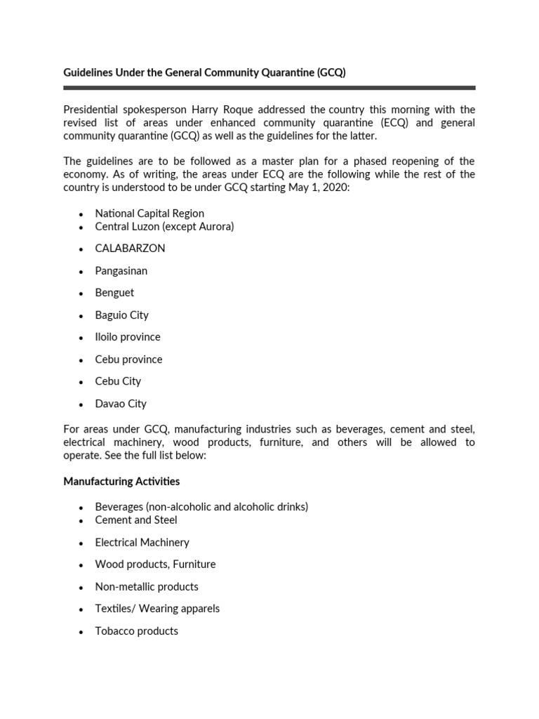GCQ Guidelines for Economic Reopening | PDF