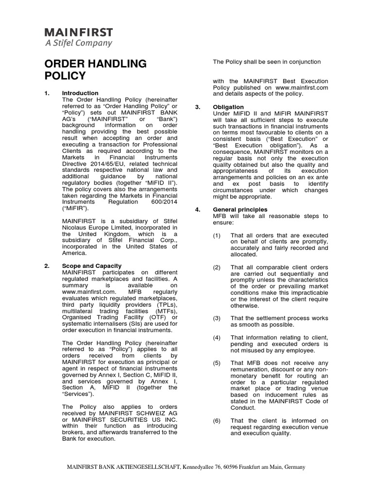 05 Mainfirst Equity Order Handling Policy 2019 MFSC | PDF | Over The Counter (Finance) | Order ...