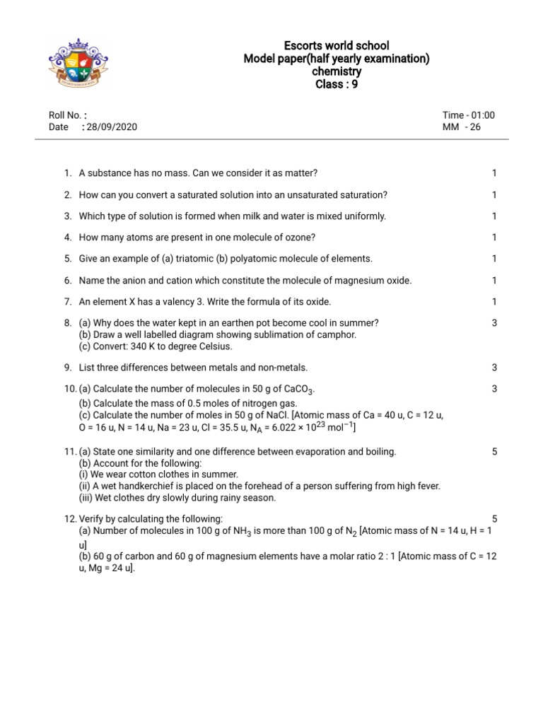 Escorts World School Model Paper (Half Yearly Examination) Chemistry ...