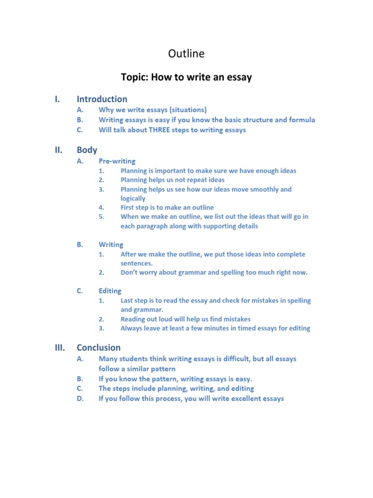 Outline: Topic: How To Write An Essay | PDF
