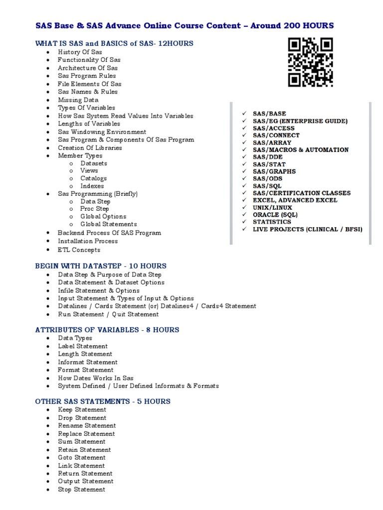 Sas Course Content Porak Technologies | PDF | Sas (Software) | Array Data Structure