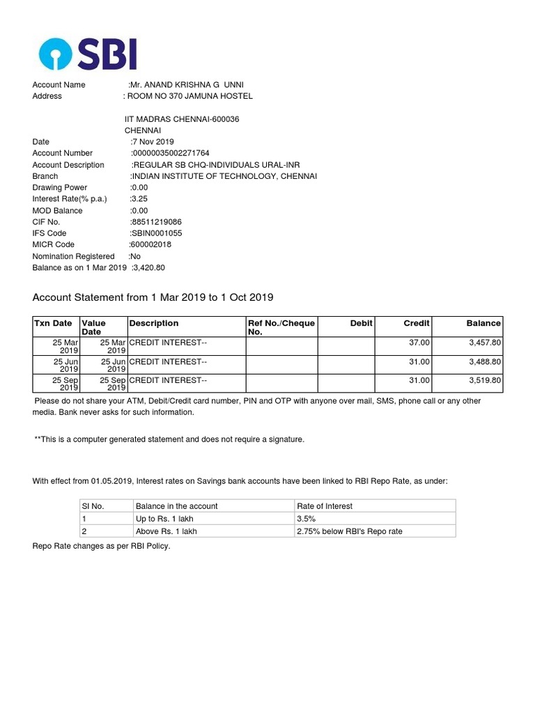 IIT Madras Student Bank Statement | PDF