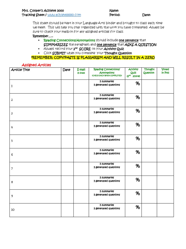 Achieve 3000 Tracking Sheet Cooper | PDF | Learning | Communication