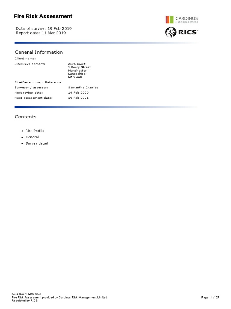 Aura Court - M15 4AB - Type 4 FRA - 19.02.19 | PDF | Fire Safety | Risk